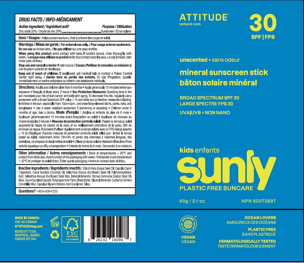 ATTITUDE SUNLY KIDS MINERAL SUNSCREEN STICK UNSCENTED SPF 30- zinc ...