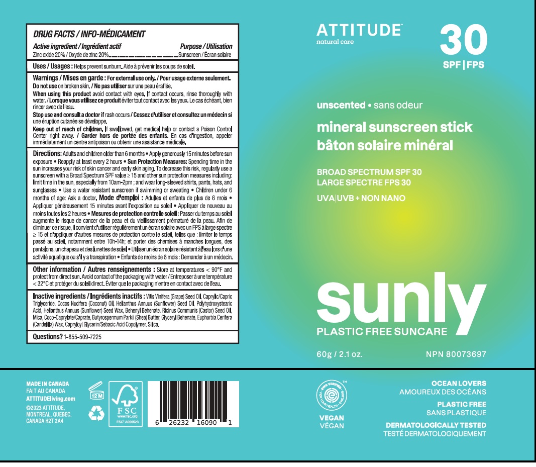 ATTITUDE SUNLY MINERAL SUNSCREEN STICK UNSCENTED SPF 30- zinc oxide stick