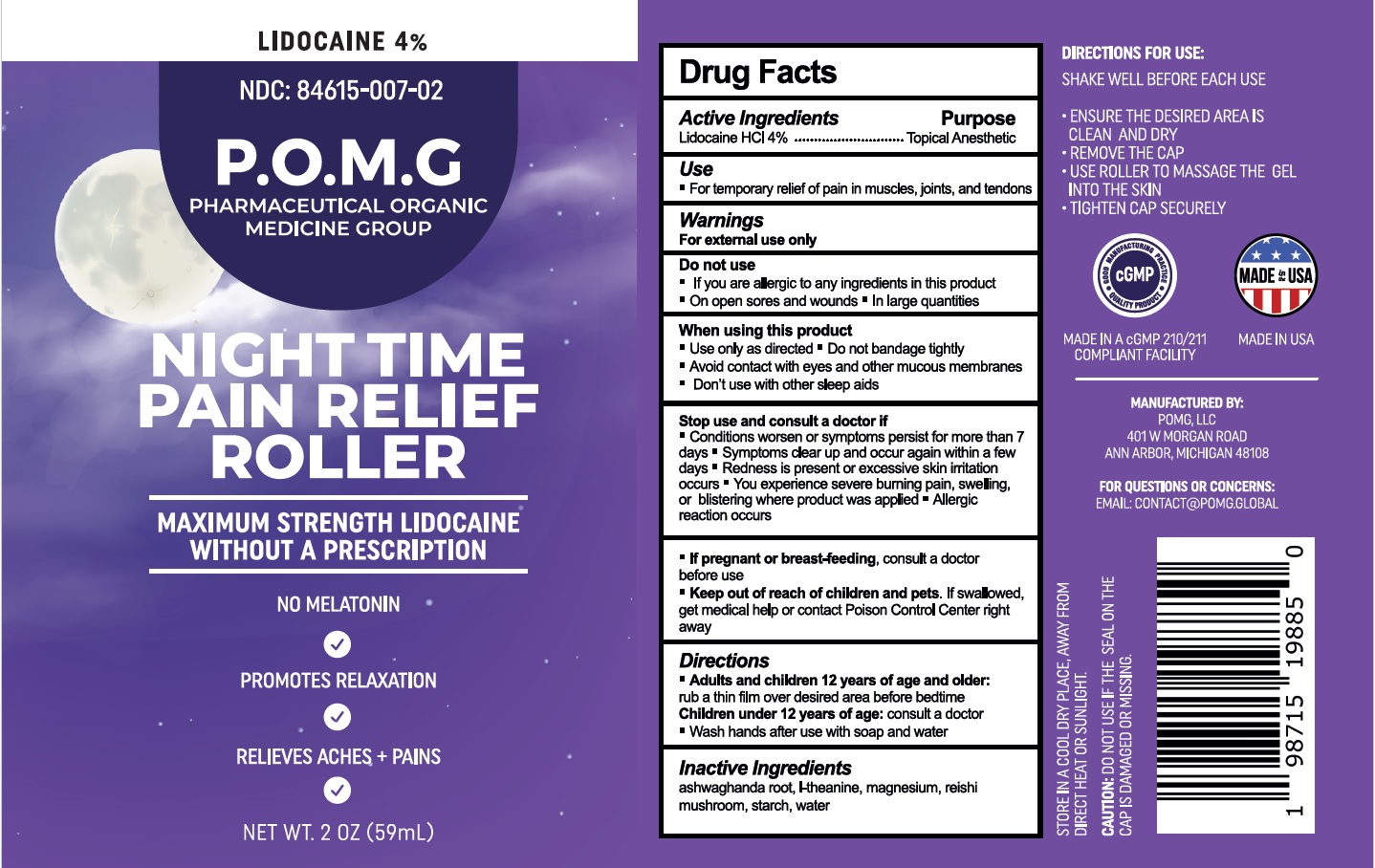 POMG NIGHT TIME PAIN RELIEF ROLLER- lidocaine hydrochloride gel