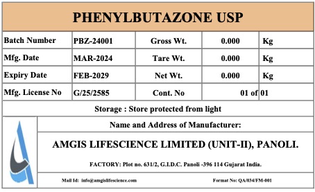 PhenylButazone by AMGIS LIFESCIENCE LIMITED PHENYLBUTAZONE powder