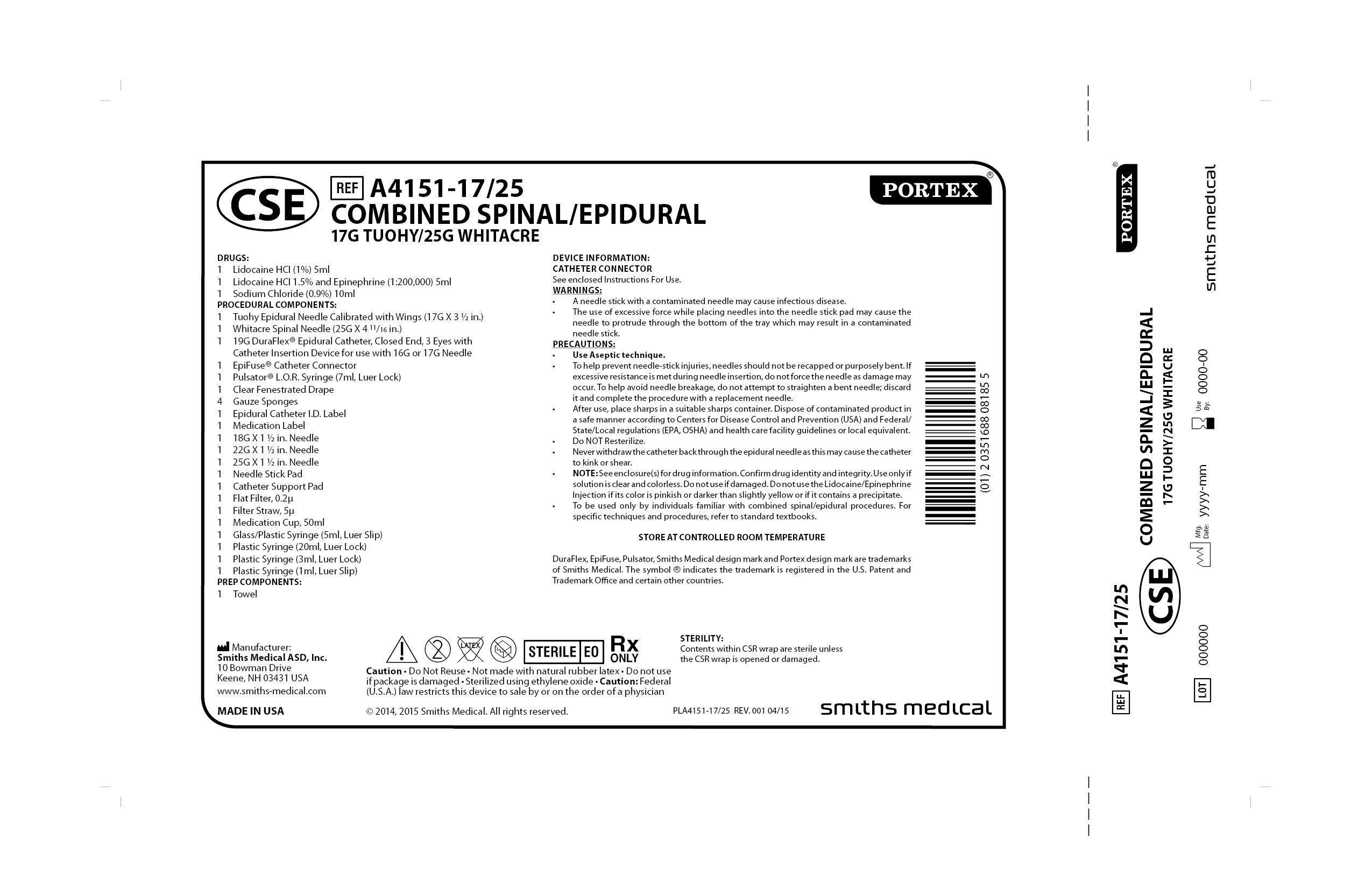A4151-17/25 COMBINED SPINAL/EPIDURAL 17G TUOHY/25G WHITACRE by Smiths ...