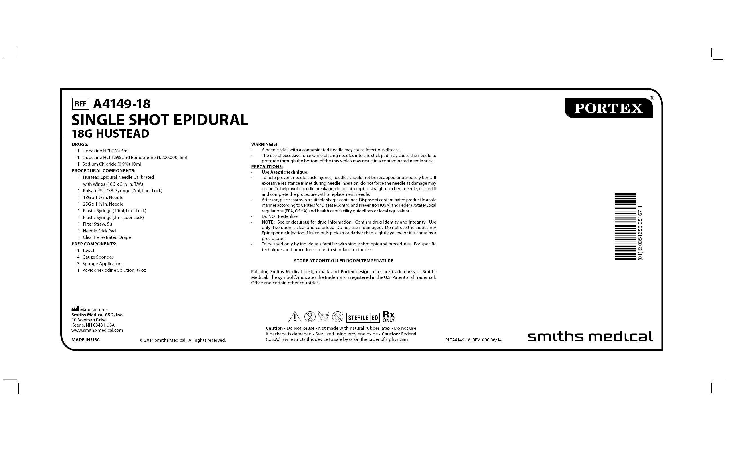 A4149-18 SINGLE SHOT EPIDURAL 18G HUSTEAD- kit