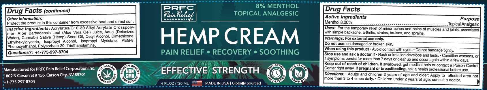 PRFC HEMP TOPICAL ANALGESIC- menthol cream
