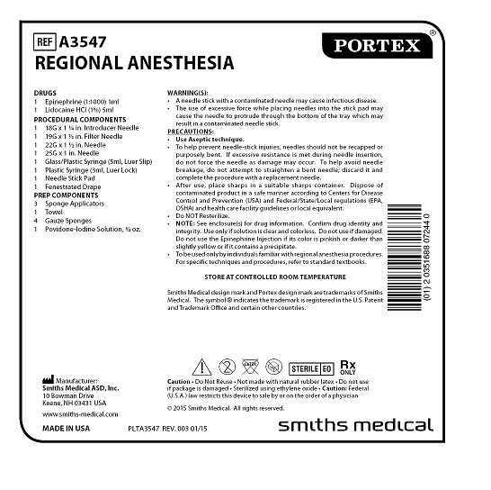 A3547 REGIONAL ANESTHESIA by Smiths Medical ASD, Inc. / Hospira, Inc. / Aplicare, Inc.