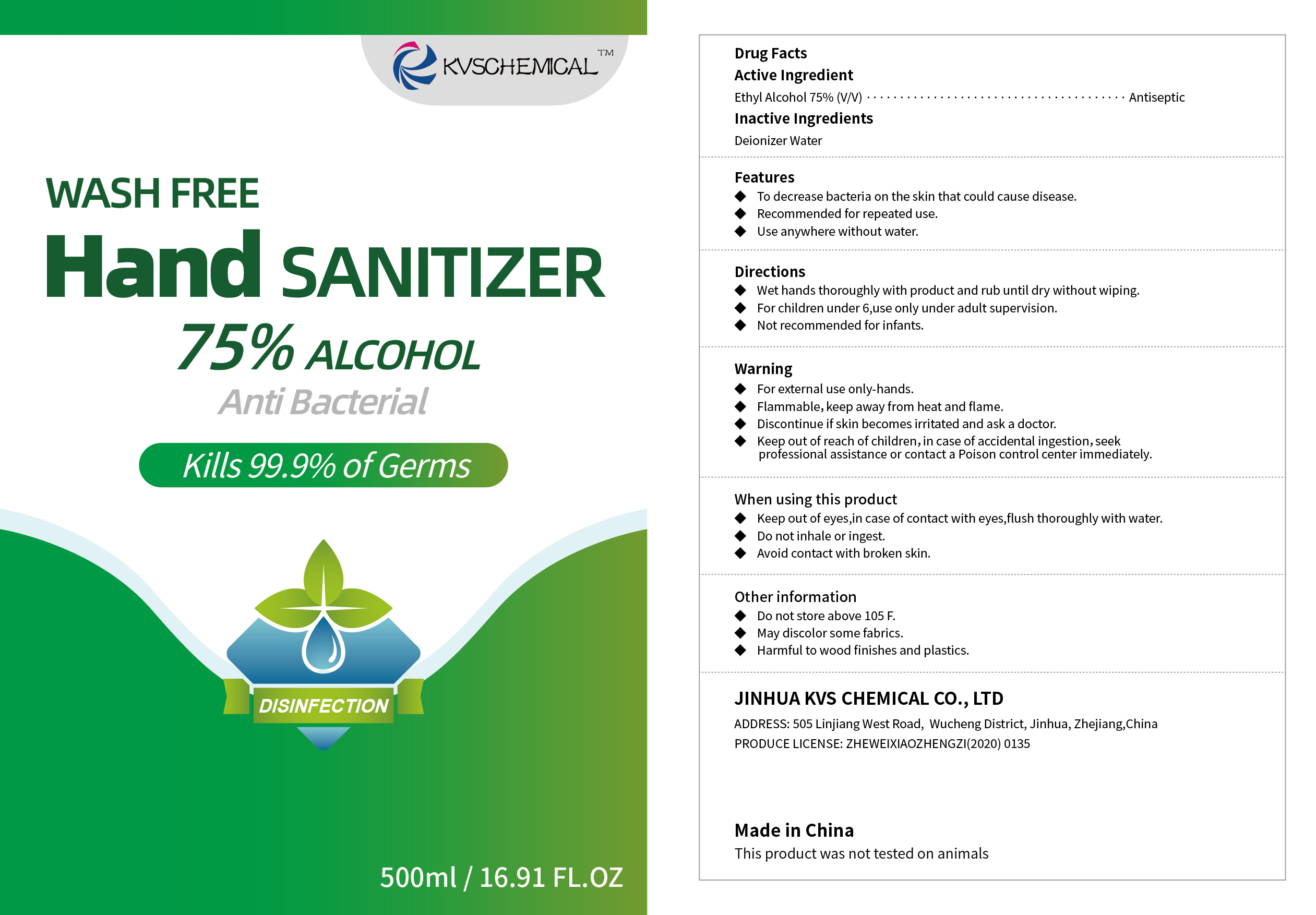 KVS CHEMICAL 75 PERCENT ALCOHOL HAND SANITIZER- alcohol solution