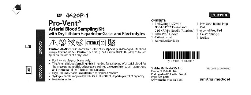 4620P-1 Pro-Vent Arterial Blood Sampling Kit with Dry Lithium Heparin ...