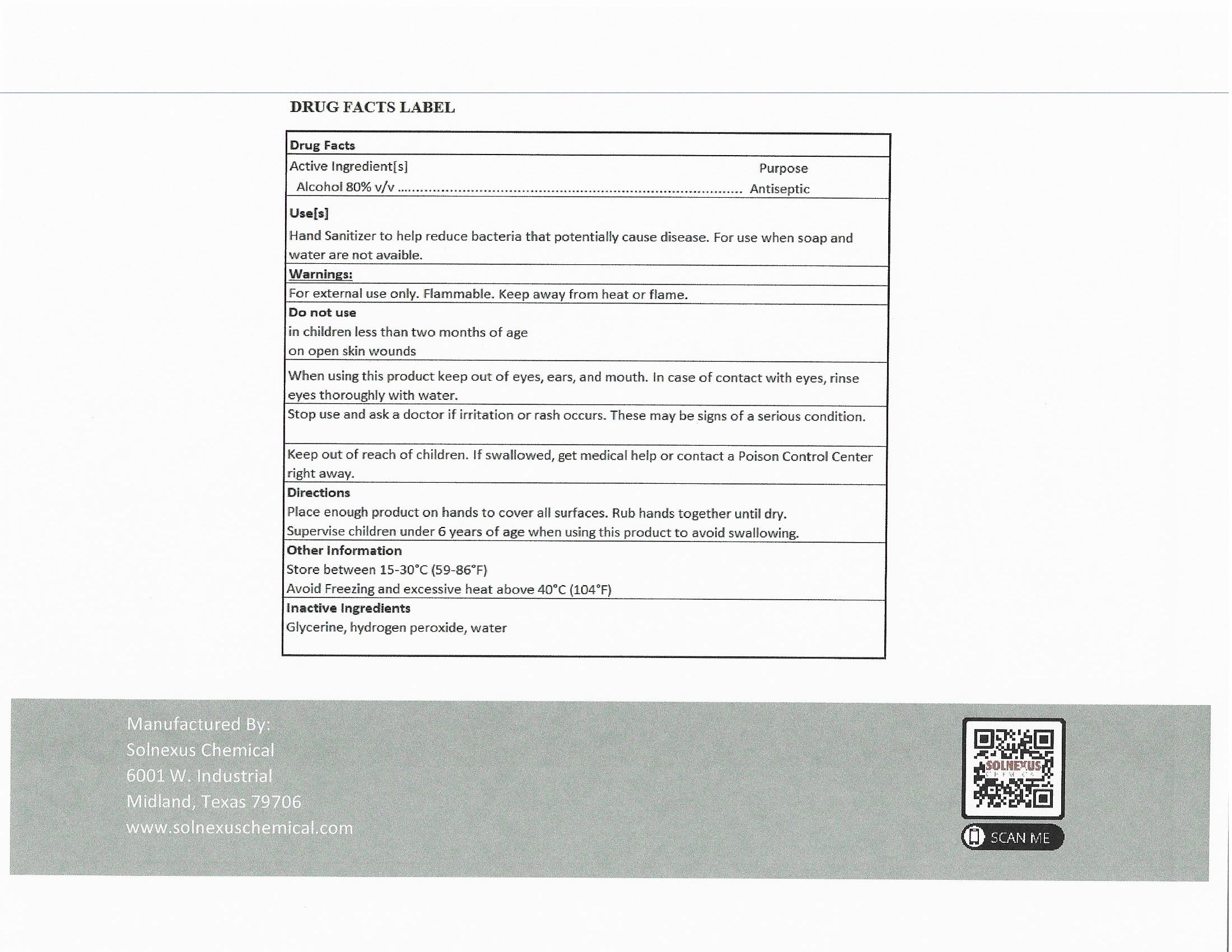 SOLNEXUS CHEMICAL HAND SANITIZER- ethyl alcohol 80% liquid
