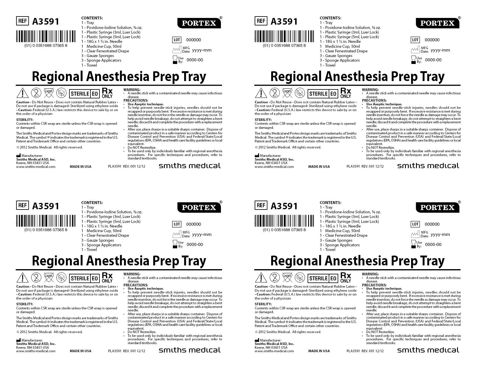 A3591 PORTEX REGIONAL ANESTHESIA PREP TRAY- kit