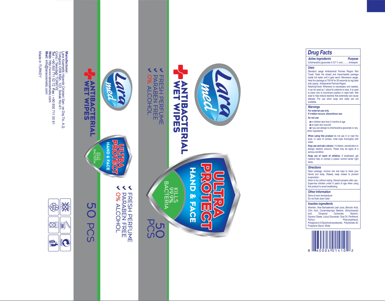 LARA MED ANTIBACTERIAL WET WIPES- chlorhexidine gluconate cloth