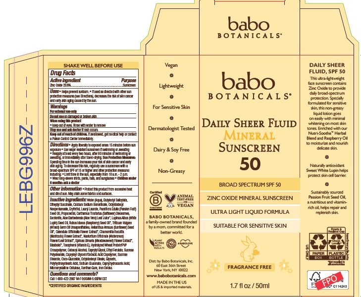 BABO BOTANICALS DAILY SHEER FLUID MINERAL SUNSCREEN SPF 50- zinc oxide ...
