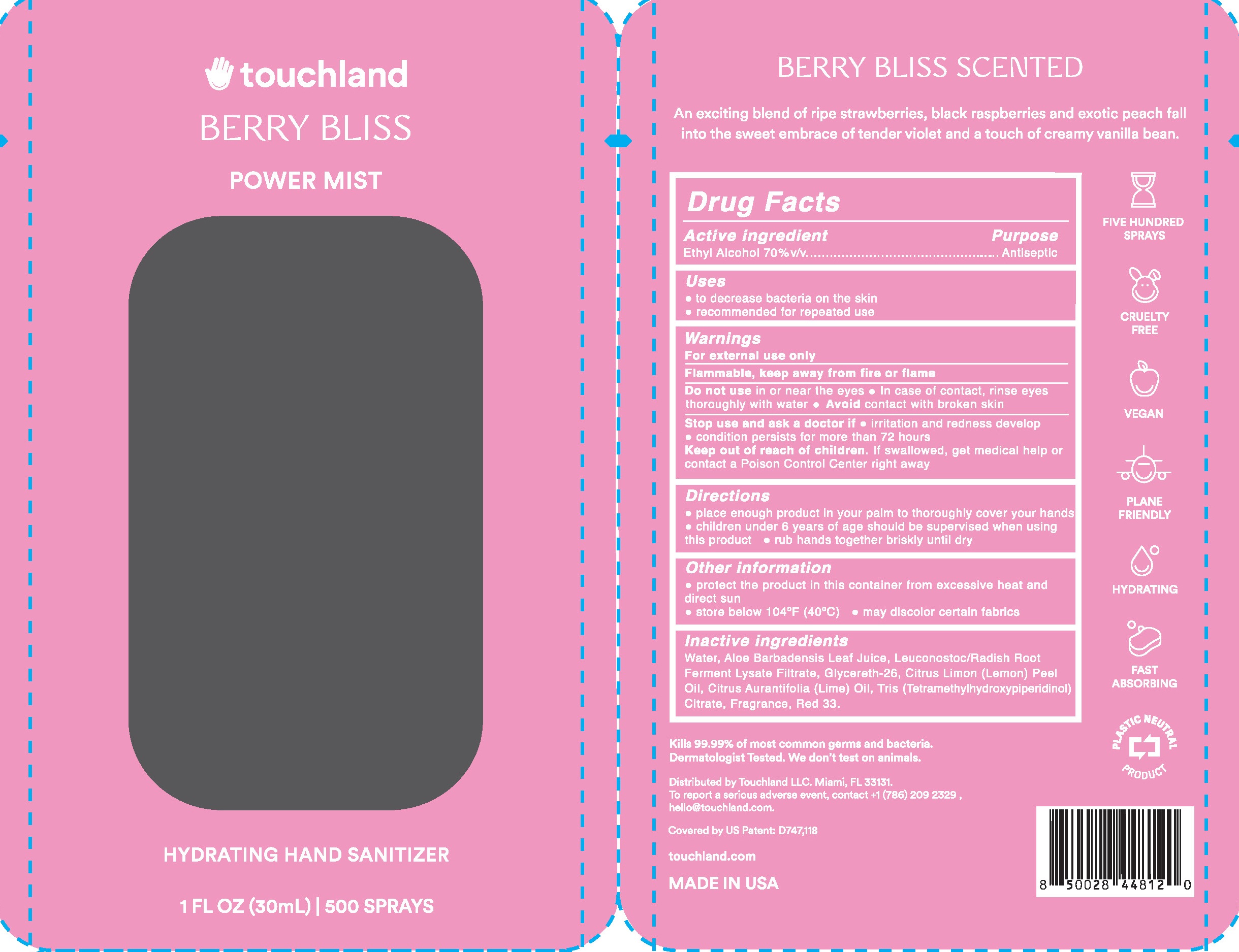 TOUCHLAND POWER MIST HAND SANITIZER BERRY BLISS- alcohol spray