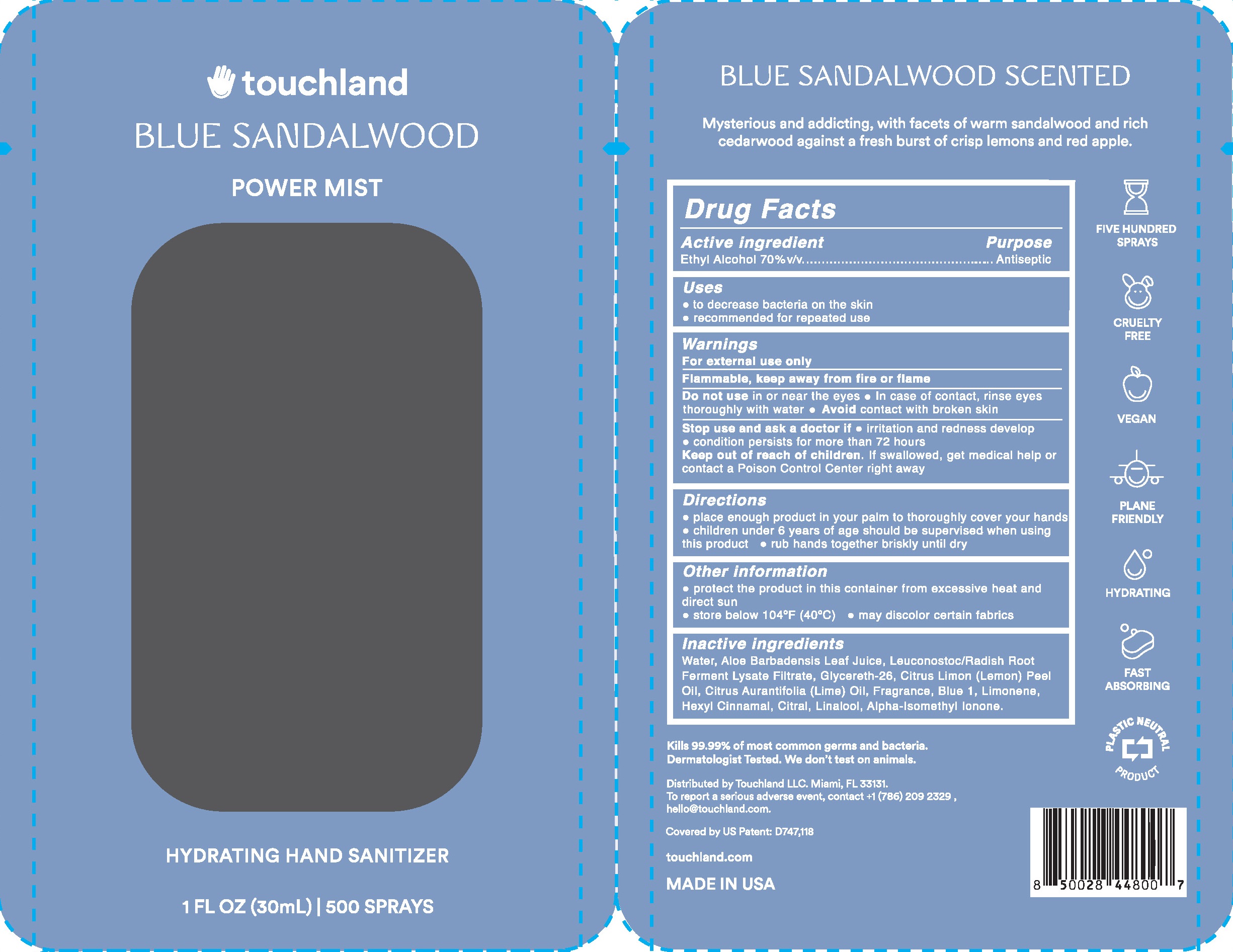 TOUCHLAND POWER MIST HAND SANITIZER BLUE SANDALWOOD- alcohol spray