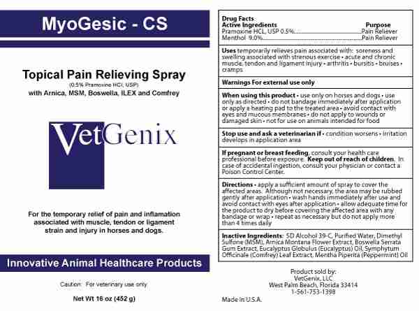 MYOGESIC-CS VETGENIX- menthol and pramoxine hydrochloride spray