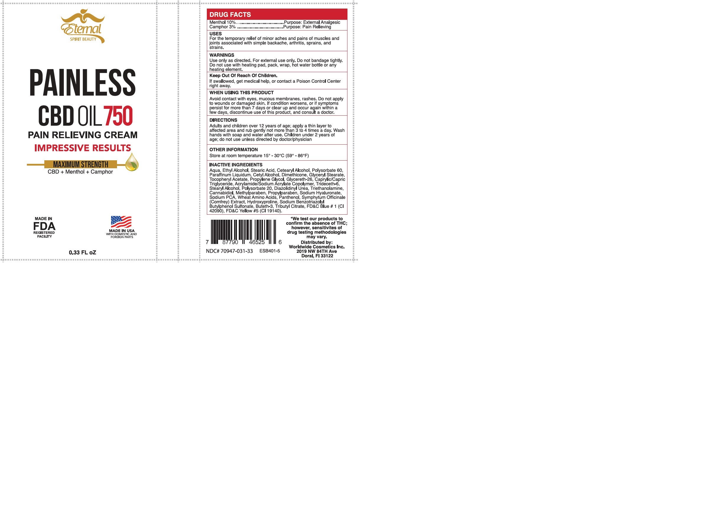 ETERNAL SPIRIT BEAUTY PAINLESS WITH CBD 750- menthol, camphor cream