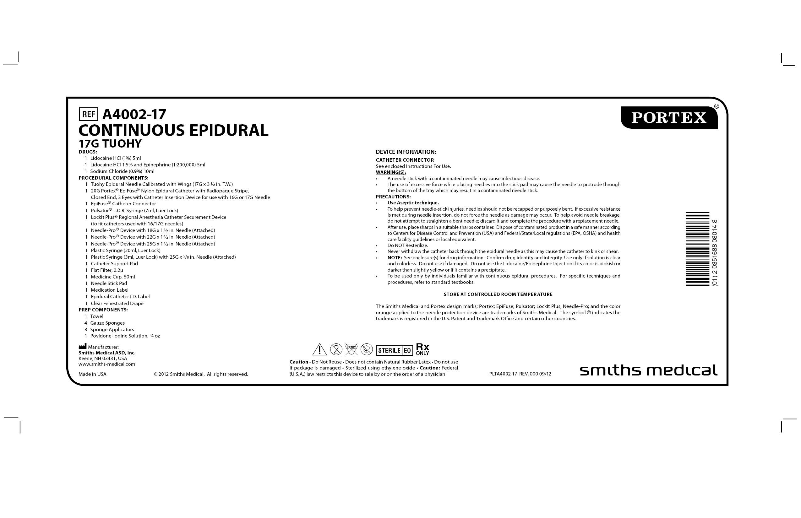 A4002-17 CONTINUOUS EPIDURAL 17G TUOHY- kit